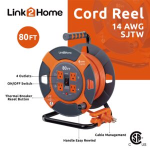 Link2Home Cord Reel 80 ft. Extension Cord 4 Power Outlets – 14 AWG SJTW Cable. Heavy Duty High Visibility Power Cord.