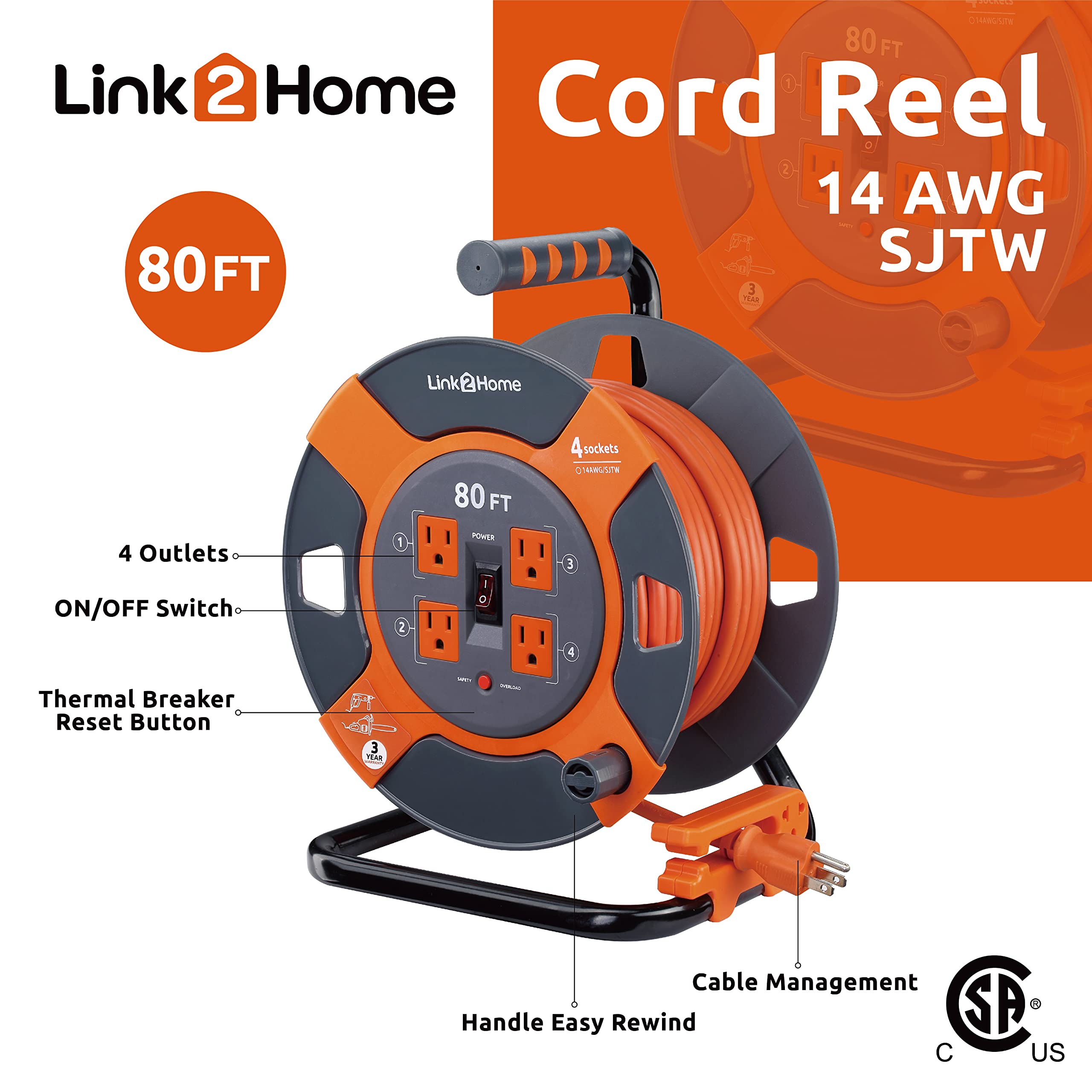 Link2Home Cord Reel 80 ft. Extension Cord 4 Power Outlets – 14 AWG SJTW Cable. Heavy Duty High Visibility Power Cord.