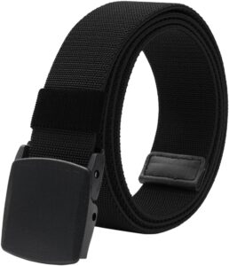 lionvii men's elastic stretch belts, breathable canvas web belt with plastic buckle for work outdoors, easy trim to fit 27-46" waist (black)