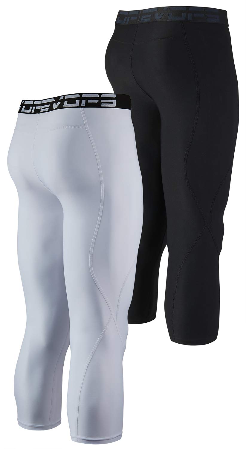 DEVOPS 2 Pack Men's 3/4 Compression Pants Athletic Leggings (Large, Black/White)