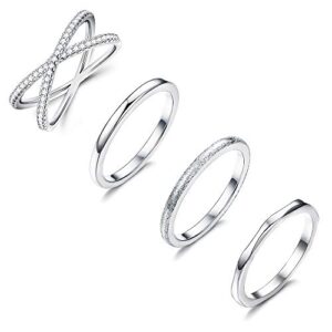 loyallook 4pcs stainless steel stacking wedding band rings women cz criss cross ring women engagement eternity knuckle mid ring set, size 7