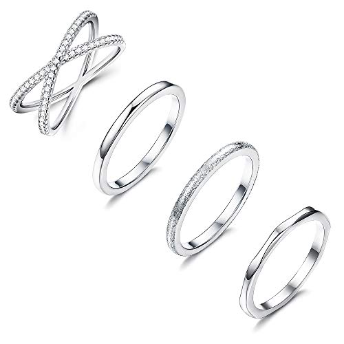 LOYALLOOK 4PCS Stainless Steel Stacking Wedding Band Rings Women CZ Criss Cross Ring Women Engagement Eternity Knuckle Mid Ring Set, Size 7