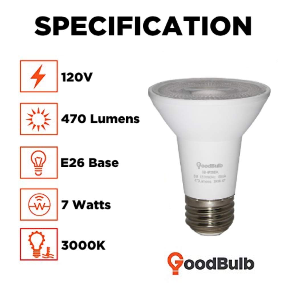 GoodBulb Commercial Grade LED Light Bulb - 7 Watt & 470 Lumens - Features PAR20 Shape & E26 Base - 3000K Warm White Light - 120V Fully Dimmable Bulb - 4 Pack