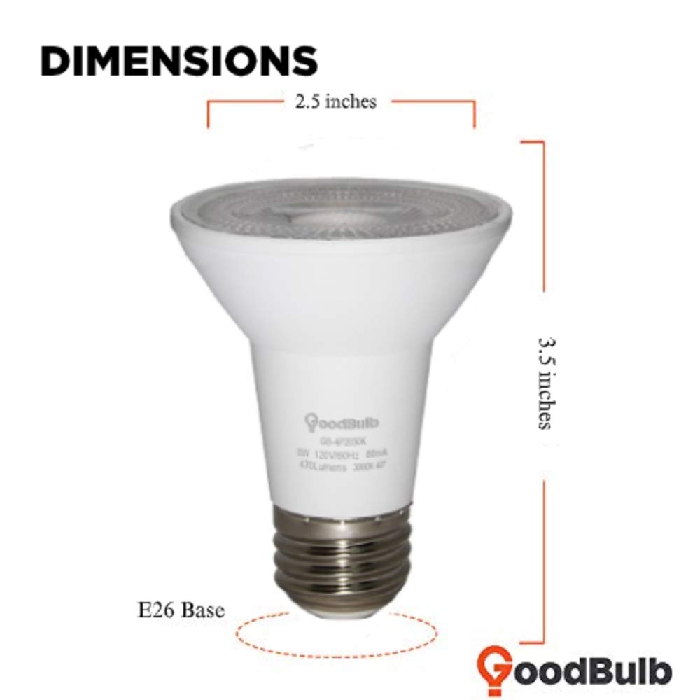 GoodBulb Commercial Grade LED Light Bulb - 7 Watt & 470 Lumens - Features PAR20 Shape & E26 Base - 3000K Warm White Light - 120V Fully Dimmable Bulb - 4 Pack