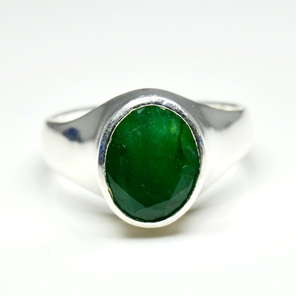 Jewelryonclick Natural 7 Carat Emerald Silver Rings for Women Bold Design with Bezel Setting in Size 4-13