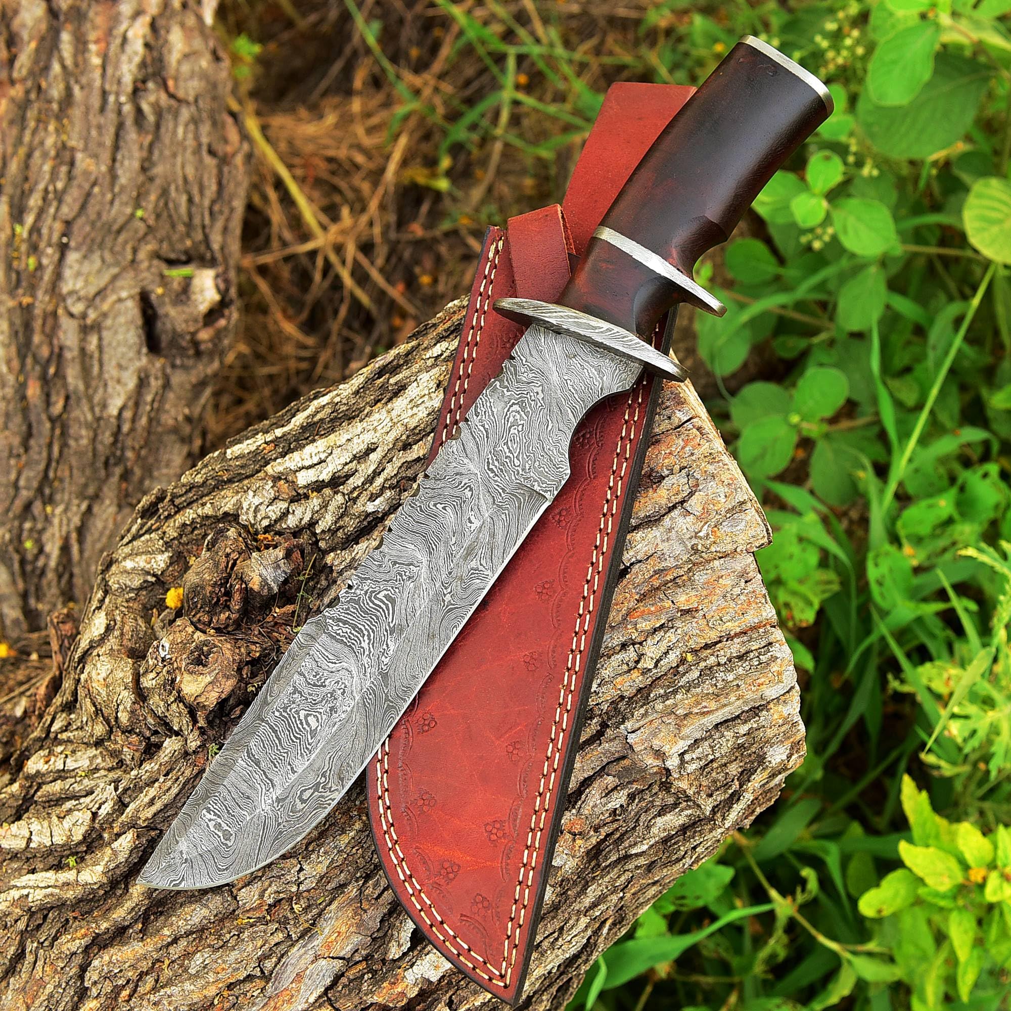 SharpWorld 15 Inches Custom Damascus Knife Pakka Wood Handle w/Brown Leather Sheath TJ117