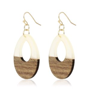 pomina lightweight white earrings for woman oval teardrop dangle earrings geometric colored resin wood earrings two tone color spring gold drop earrings (teardrop clear)