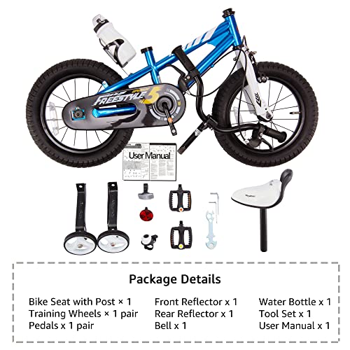 RoyalBaby Boys Girls Kids Bike 14 Inch BMX Freestyle 2 Hand Brakes Bicycles with Training Wheels Child Bicycle Blue