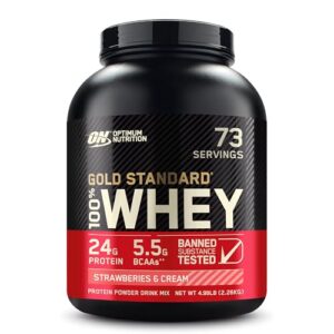 optimum nutrition gold standard 100% whey protein powder, strawberries & cream, 5 pound (packaging may vary)