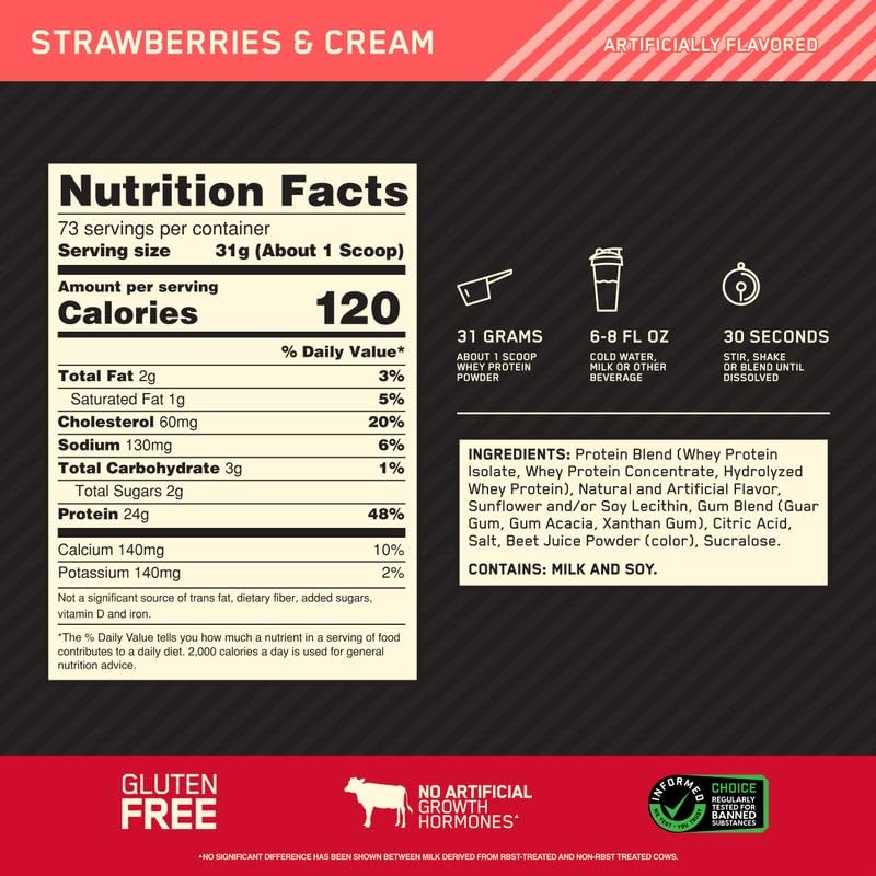 Optimum Nutrition Gold Standard 100% Whey Protein Powder, Strawberries & Cream, 5 Pound (Packaging May Vary)