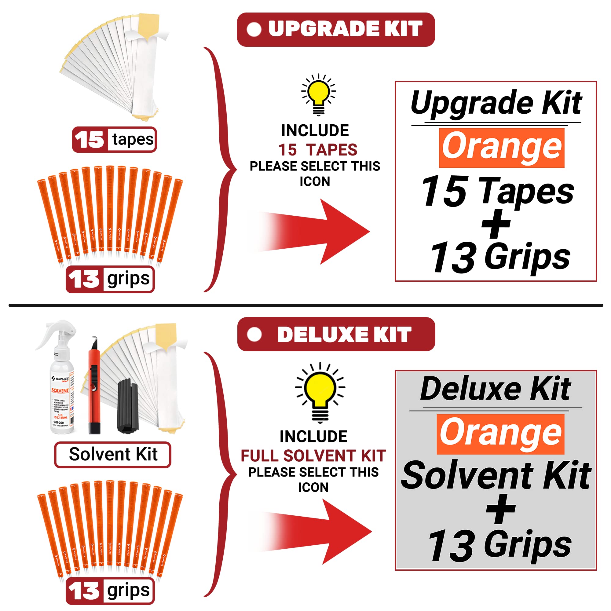 SAPLIZE Golf Grips 13 Pack Standard Size Including 15 Tapes, Rubber Golf Club Grips, Orange