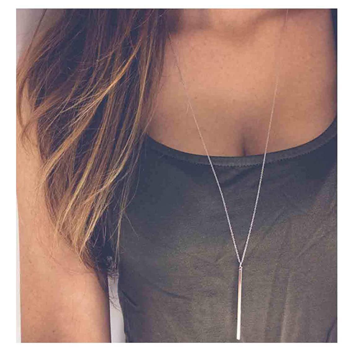 Artmiss Bar Pendant Necklace Gold Long Y-Necklace Delicate Lariat Chain Jewelry for Women(Silver)