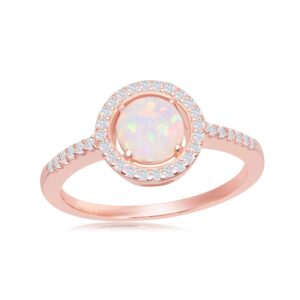 sterling silver rose gold plated created white opal with cubic zirconia halo ring (size 8)