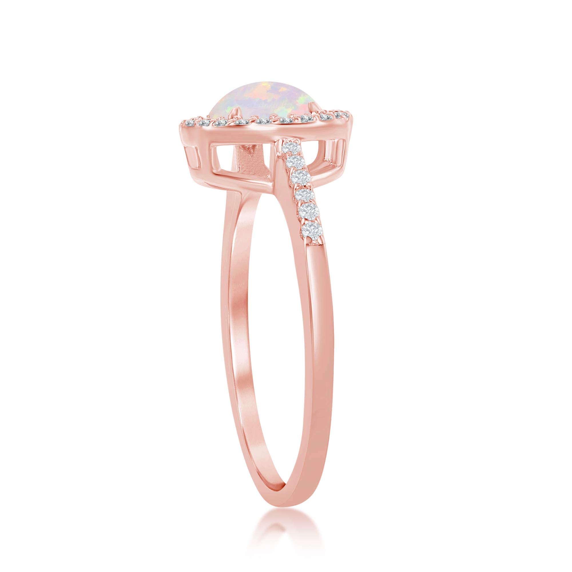 Sterling Silver Rose Gold Plated Created White Opal with Cubic Zirconia Halo Ring (Size 8)