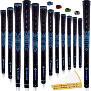 saplize classic rubber golf grips 13 pack, high feedback, non-slip, 13 grips with 15 tapes, midsize, blue, cc01 series