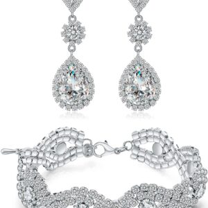 Paxuan Womens Wedding Bridal Earrings Bracelet Jewelry Sets Rhinestone Crystal Bracelets (Bracelet and Earrings Set)