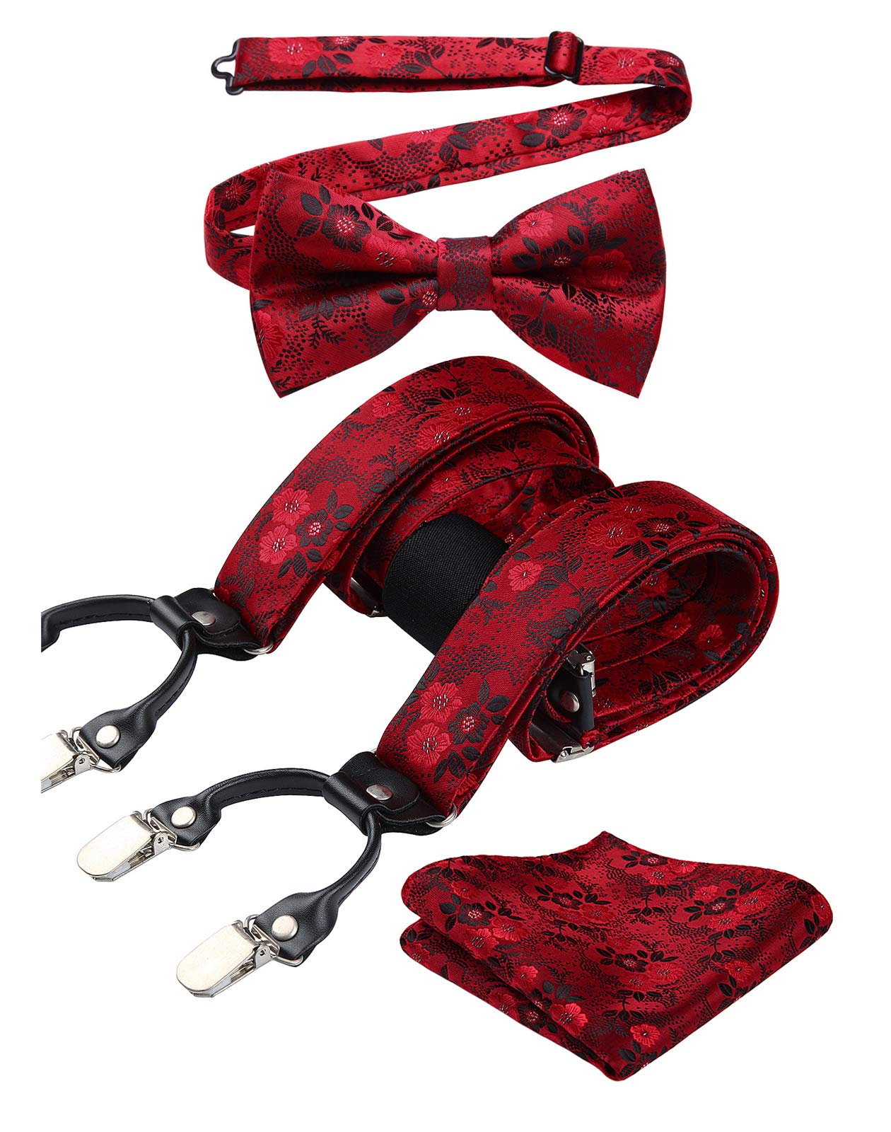 HISDERN Red Bow Tie and Suspenders for Men Paisley Floral 6 Clips Adjustable Braces Y Shape Tuxedo Suspenders & Pocket Square Set