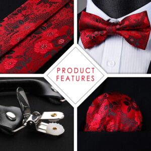 HISDERN Red Bow Tie and Suspenders for Men Paisley Floral 6 Clips Adjustable Braces Y Shape Tuxedo Suspenders & Pocket Square Set