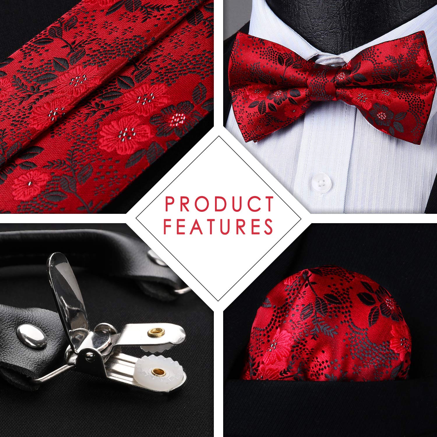 HISDERN Red Bow Tie and Suspenders for Men Paisley Floral 6 Clips Adjustable Braces Y Shape Tuxedo Suspenders & Pocket Square Set