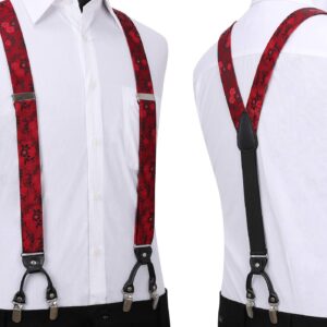 HISDERN Red Bow Tie and Suspenders for Men Paisley Floral 6 Clips Adjustable Braces Y Shape Tuxedo Suspenders & Pocket Square Set