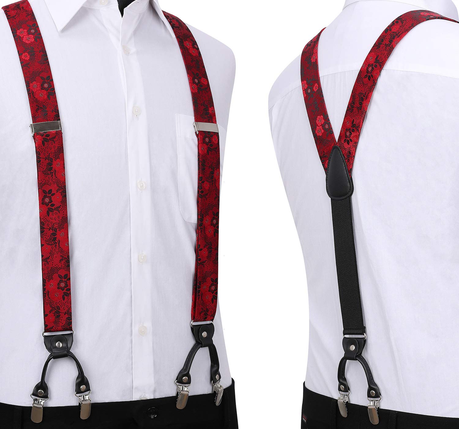 HISDERN Red Bow Tie and Suspenders for Men Paisley Floral 6 Clips Adjustable Braces Y Shape Tuxedo Suspenders & Pocket Square Set