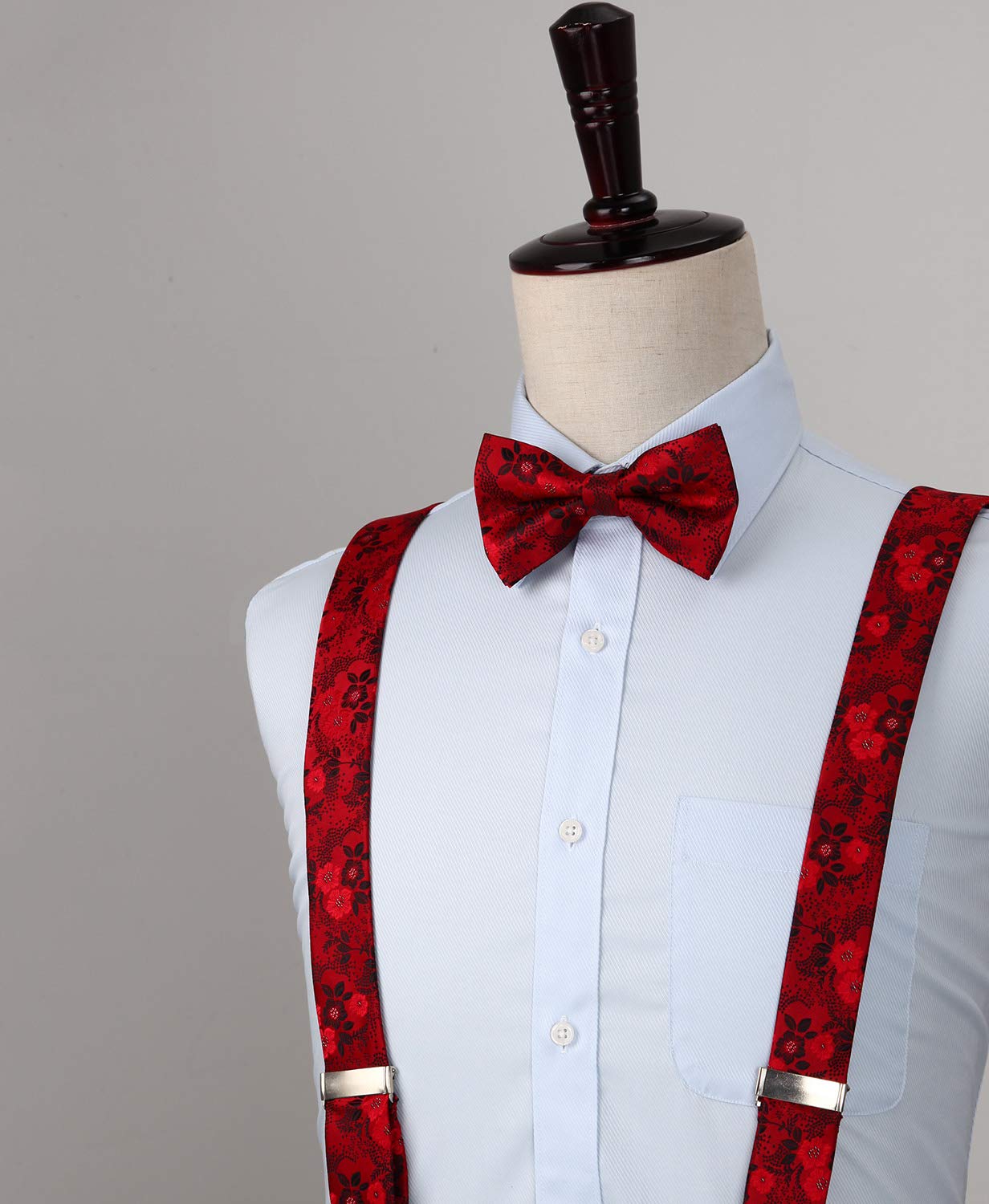 HISDERN Red Bow Tie and Suspenders for Men Paisley Floral 6 Clips Adjustable Braces Y Shape Tuxedo Suspenders & Pocket Square Set