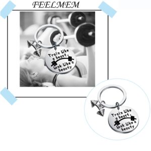 FEELMEM Workout Gift Fitness Gift Train Like a Beast Look Like a Beauty Sports Quotes Bodybuilding Keychain Gift for Bodybuilder Personal Trainer (Silver)