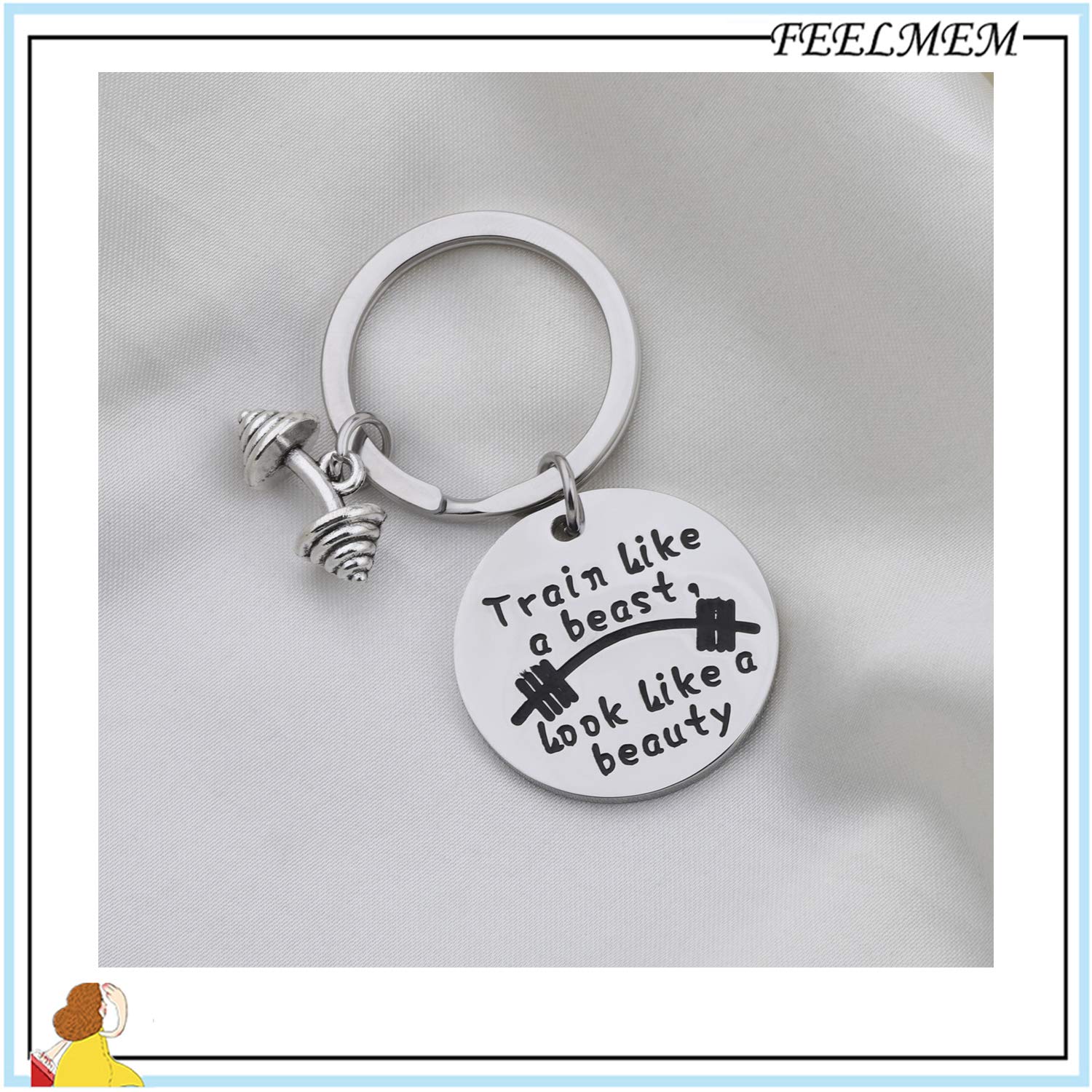 FEELMEM Workout Gift Fitness Gift Train Like a Beast Look Like a Beauty Sports Quotes Bodybuilding Keychain Gift for Bodybuilder Personal Trainer (Silver)