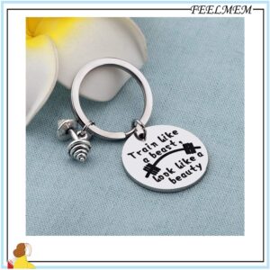 FEELMEM Workout Gift Fitness Gift Train Like a Beast Look Like a Beauty Sports Quotes Bodybuilding Keychain Gift for Bodybuilder Personal Trainer (Silver)