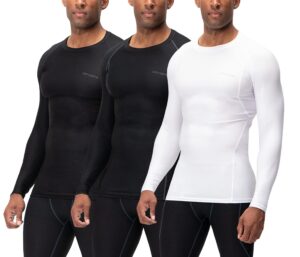 devops 3 pack men's upf 50+ long sleeve compression shirts, water sports rash guard base layer, athletic workout shirt (large, black-black-white)