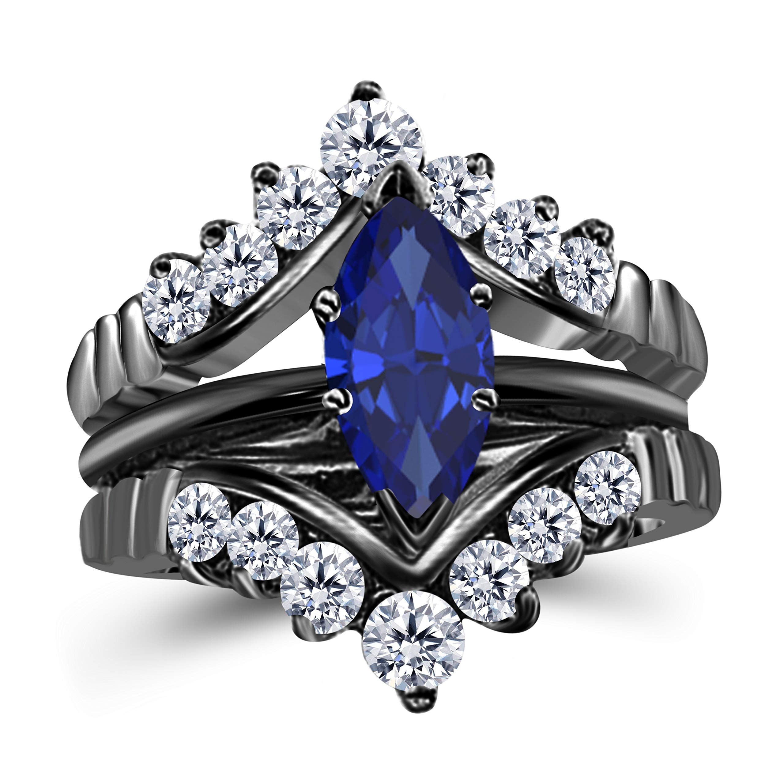 Gems and Jewels 0.75 Ct Marquise Solitaire Engagement Wedding Ring Band Set Enhancer Blue Sapphire 14k Black Gold Plated Alloy