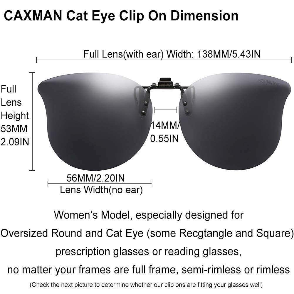 CAXMAN Polarized Cat Eye Clip On Sunglasses Over Prescription Glasses for Women UV Protection Flip Up Grey Lens