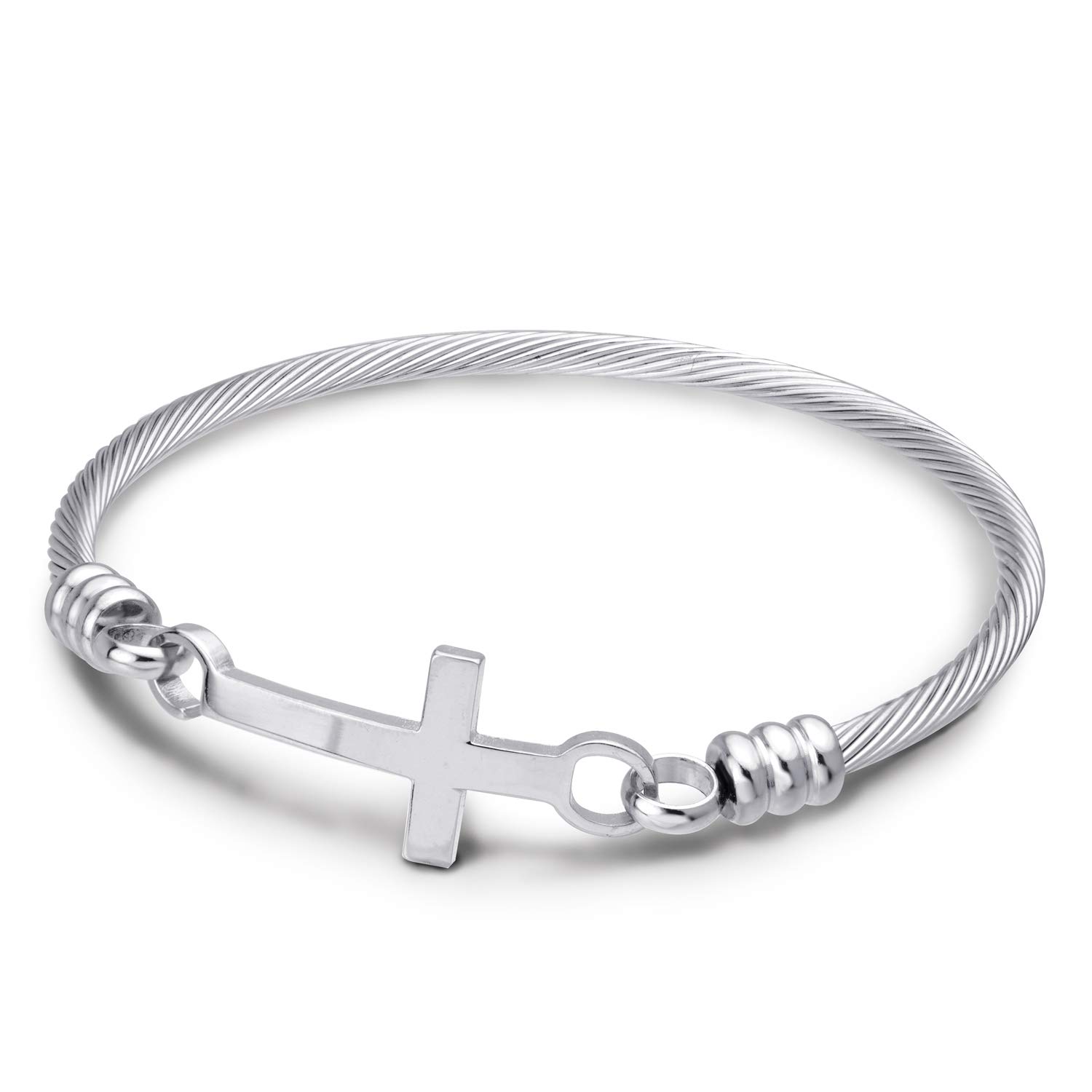 555Jewelry Stainless Steel Metal Cross Religious Religion Sacred Christian Catholic Holy Blessing Bracelet Fashion Fine Jewelry Accessory Bangle Bracelet, Silver Size 60mm