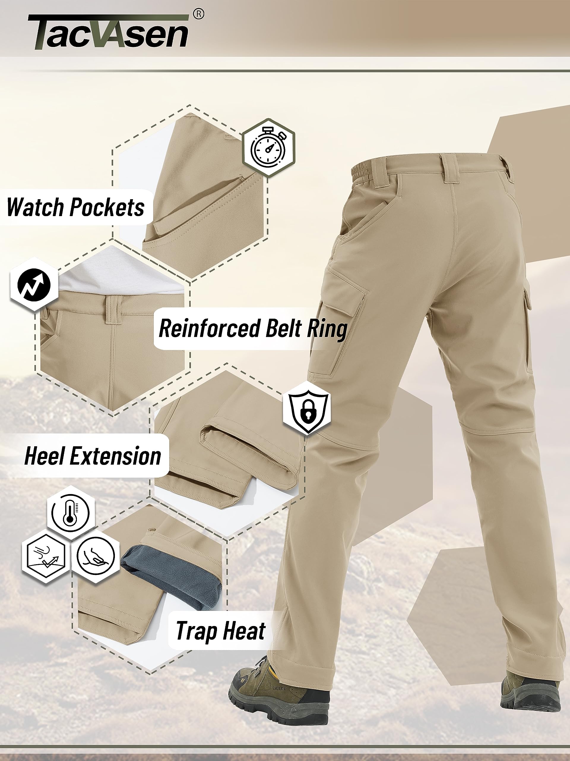 TACVASEN Mens Tactical Pants Insulated Warm Thermal Fleece Lined Shoftshell Khaki Pants for Snow Ski Men's Winter Hiking Outdoor Adventure Pants