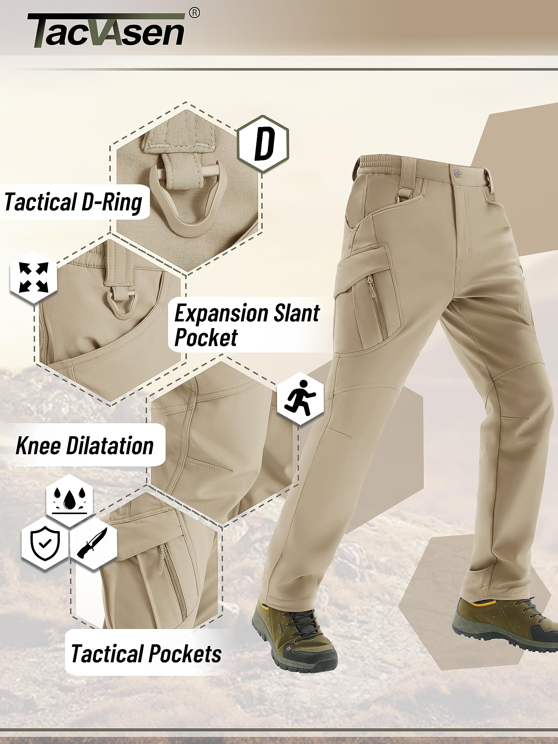 TACVASEN Mens Tactical Pants Insulated Warm Thermal Fleece Lined Shoftshell Khaki Pants for Snow Ski Men's Winter Hiking Outdoor Adventure Pants