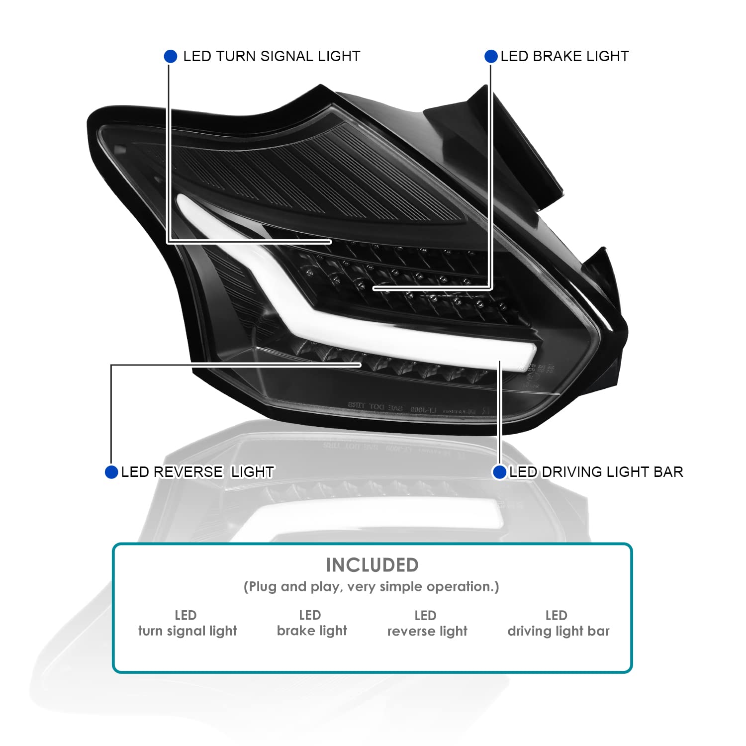 Spec-D Tuning Black Housing Clear Lens LED Bar Tail Lights Compatible with 2015-2018 Ford Focus SE/ST/Titanium Hatchback, 2016-2018 Ford Focus RS Hatchback, Left + Right Pair Assembly