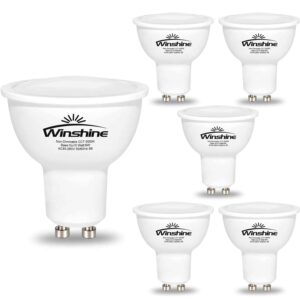 winshine gu10 led bulb, 50w halogen equivalent, 5000k daylight, gu10 light bulbs halogen replacement for track lighting, mr16 shape 2 prong base, 120°beam angle 550lm 120v cri85+ non-dimmable 6 pack