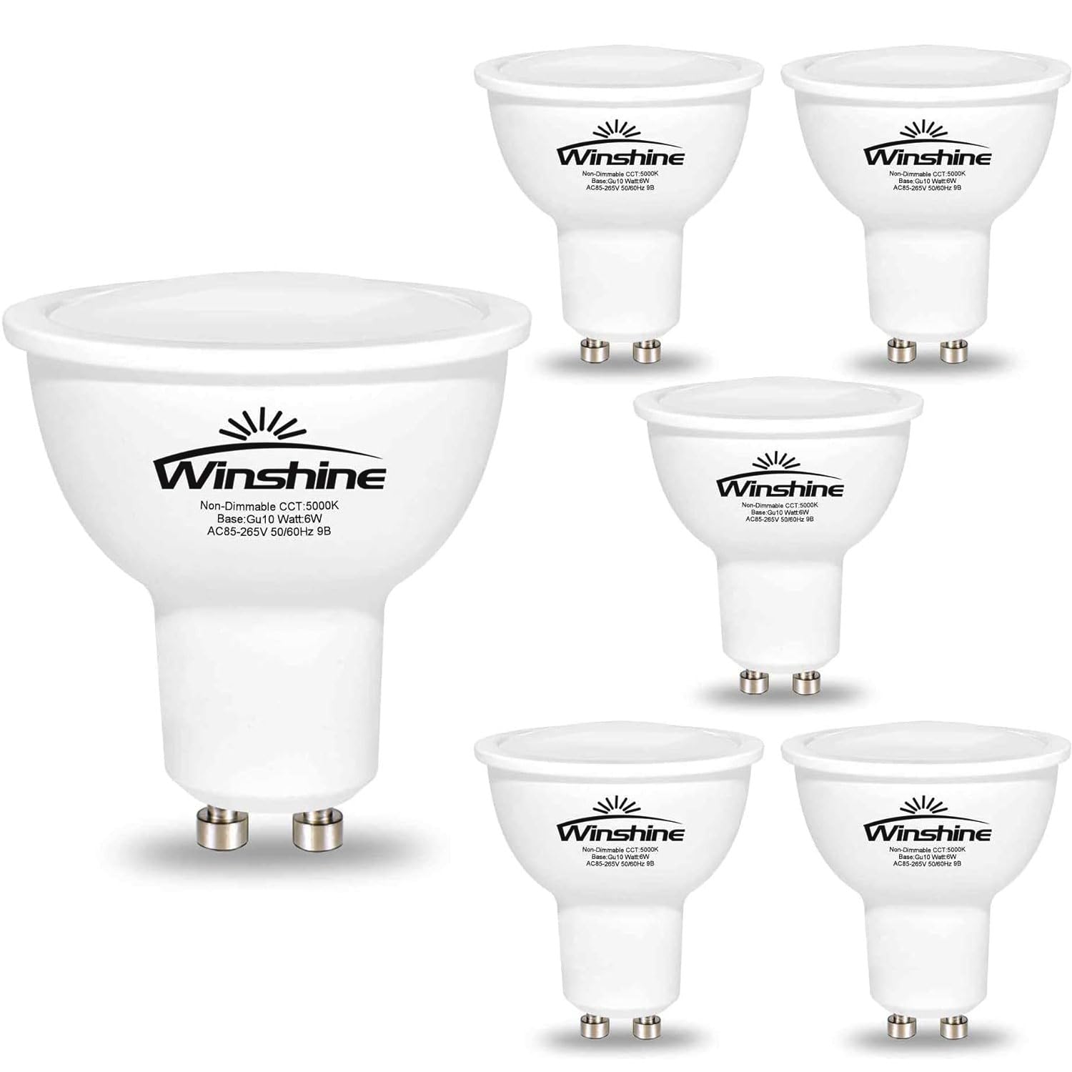 winshine GU10 LED Bulb, 50W Halogen Equivalent, 5000K Daylight, GU10 Light Bulbs Halogen Replacement for Track Lighting, MR16 Shape 2 Prong Base, 120°Beam Angle 550LM 120V CRI85+ Non-Dimmable 6 Pack