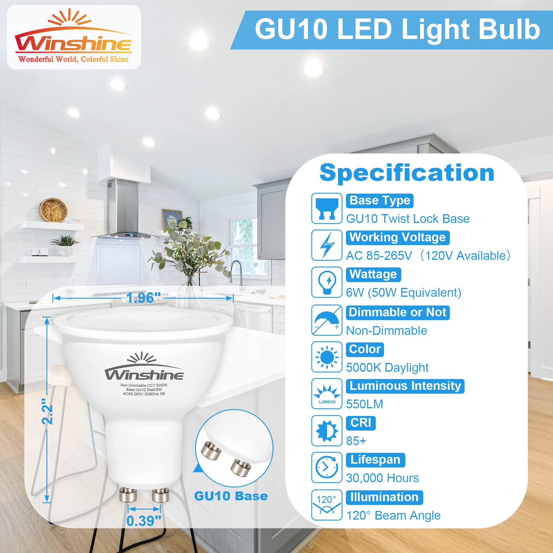 winshine GU10 LED Bulb, 50W Halogen Equivalent, 5000K Daylight, GU10 Light Bulbs Halogen Replacement for Track Lighting, MR16 Shape 2 Prong Base, 120°Beam Angle 550LM 120V CRI85+ Non-Dimmable 6 Pack