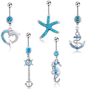 hobst holiday sexy blue starfish dolphin seahorse dangle belly button rings set for men women girls stainless steel body piercing jewelry