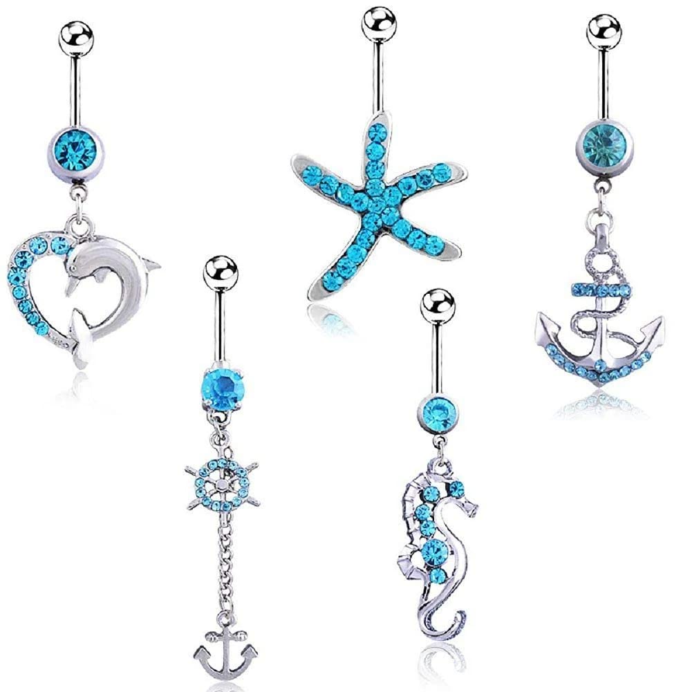 HoBST Holiday Sexy Blue Starfish Dolphin Seahorse Dangle Belly Button Rings Set for Men Women Girls Stainless Steel Body Piercing Jewelry