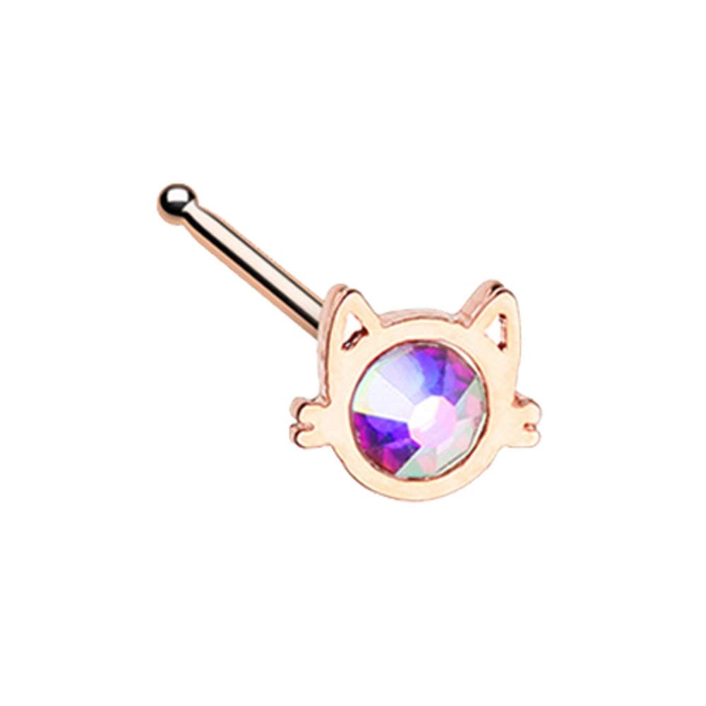 Pierced Owl Aurora Borealis CZ Crystal Cat Face Nose Bone Stud (Rose Gold Tone)