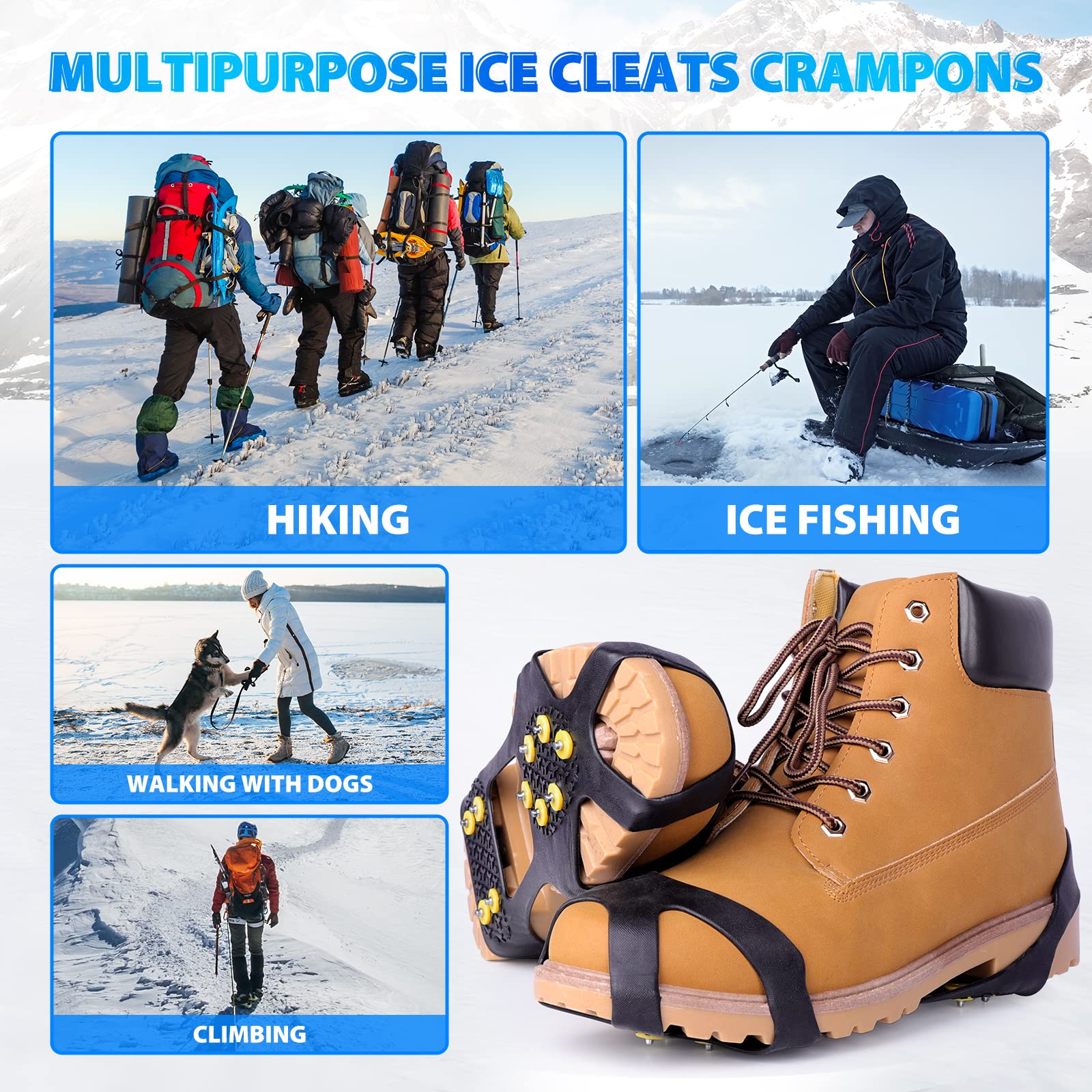 Sfee Ice Cleats for Boots Shoes, Snow Grips Cleats for Ice and Snow Anti-Slip Rubber Traction Cleats for Walking on Snow and Ice 10 Steel Studs Crampons for Hiking, Walking, Climbing, Jogging