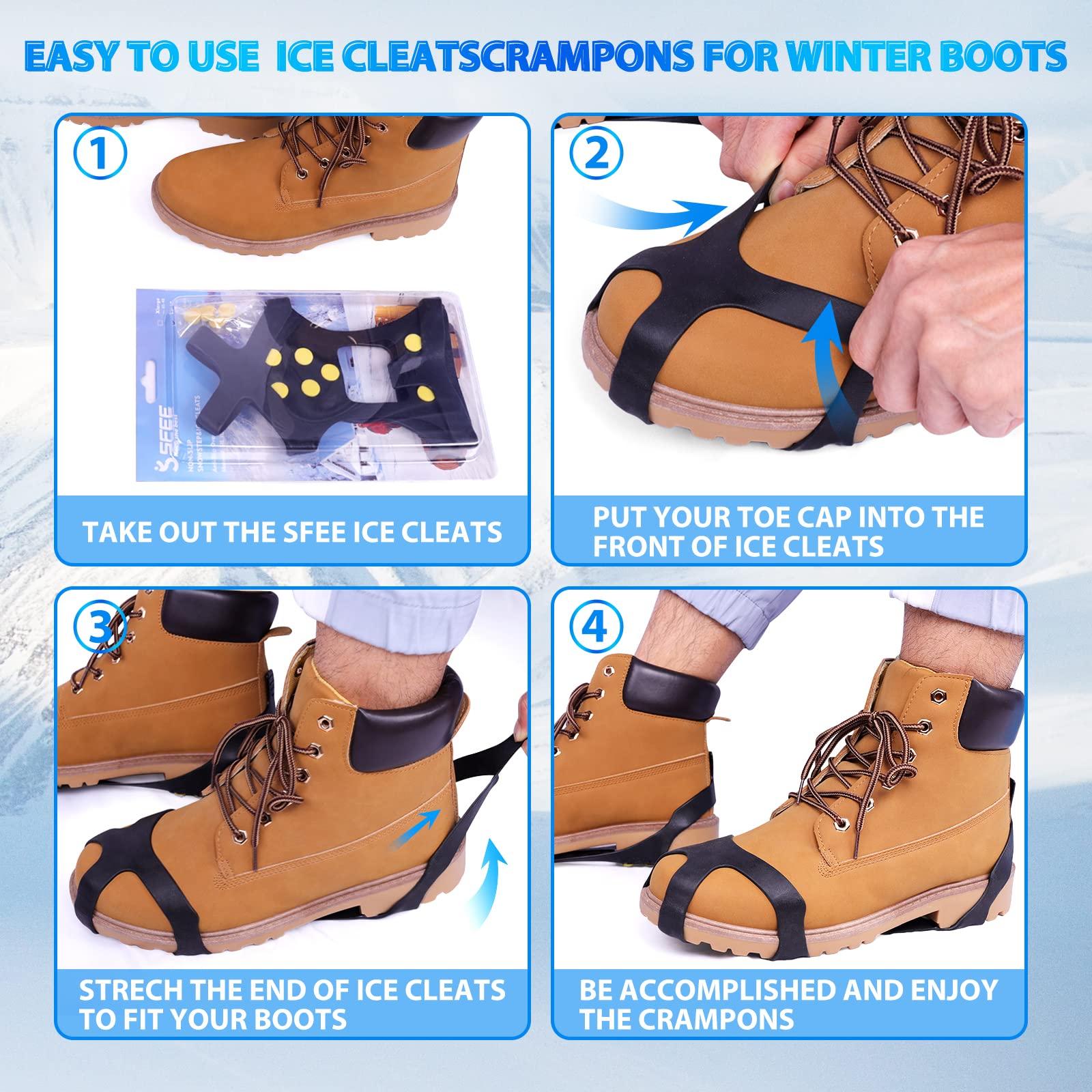 Sfee Ice Cleats for Boots Shoes, Snow Grips Cleats for Ice and Snow Anti-Slip Rubber Traction Cleats for Walking on Snow and Ice 10 Steel Studs Crampons for Hiking, Walking, Climbing, Jogging