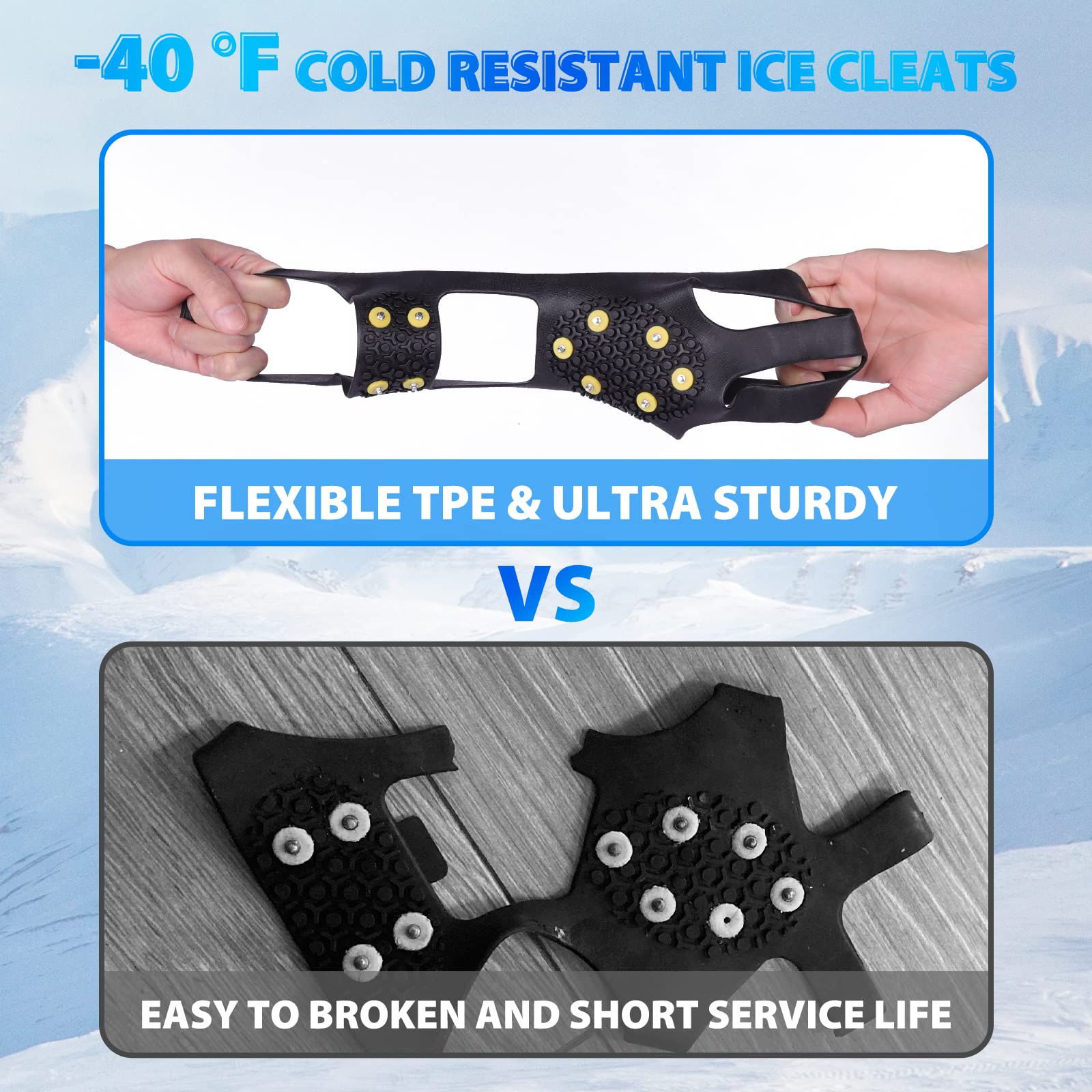 Sfee Ice Cleats for Boots Shoes, Snow Grips Cleats for Ice and Snow Anti-Slip Rubber Traction Cleats for Walking on Snow and Ice 10 Steel Studs Crampons for Hiking, Walking, Climbing, Jogging