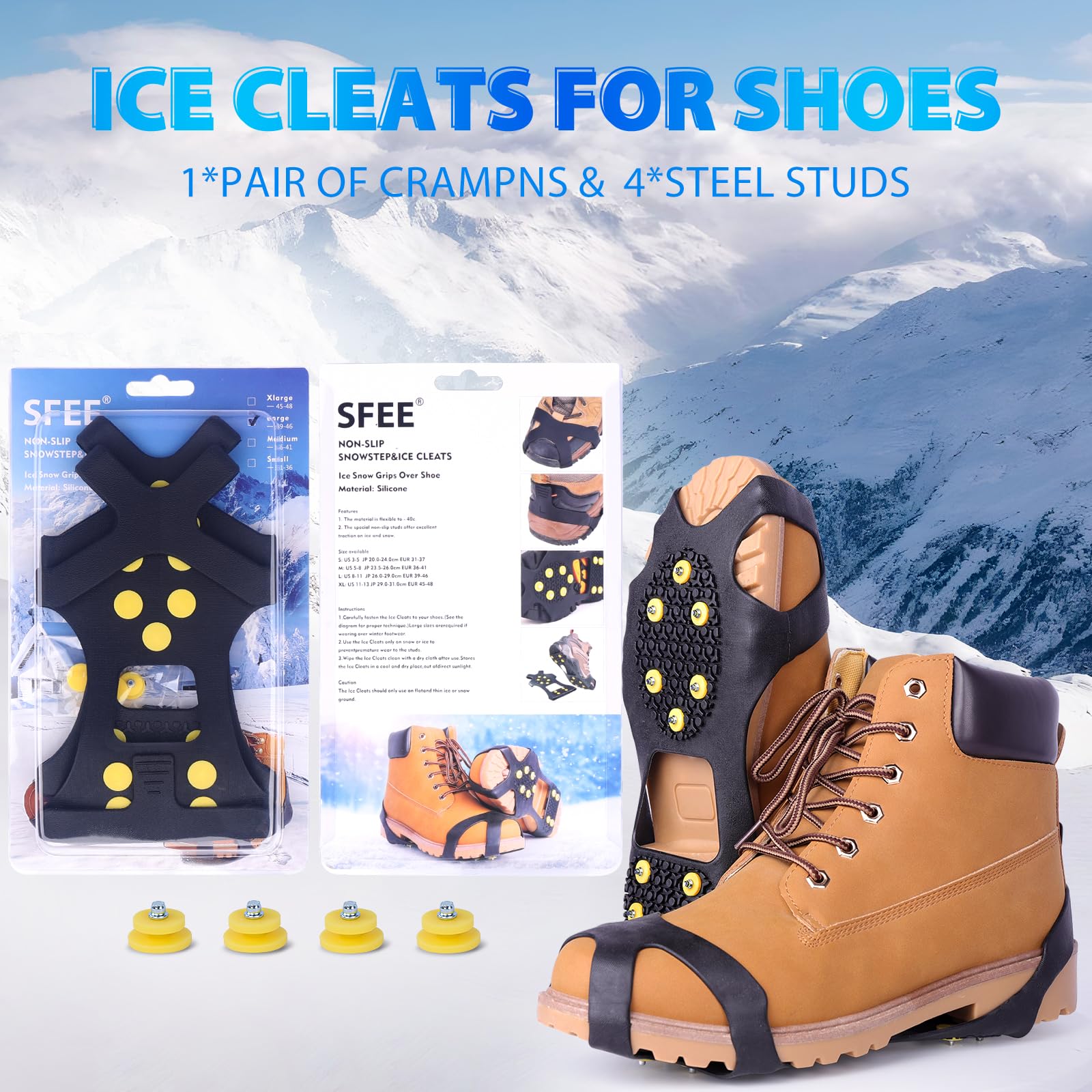 Sfee Ice Cleats for Boots Shoes, Snow Grips Cleats for Ice and Snow Anti-Slip Rubber Traction Cleats for Walking on Snow and Ice 10 Steel Studs Crampons for Hiking, Walking, Climbing, Jogging