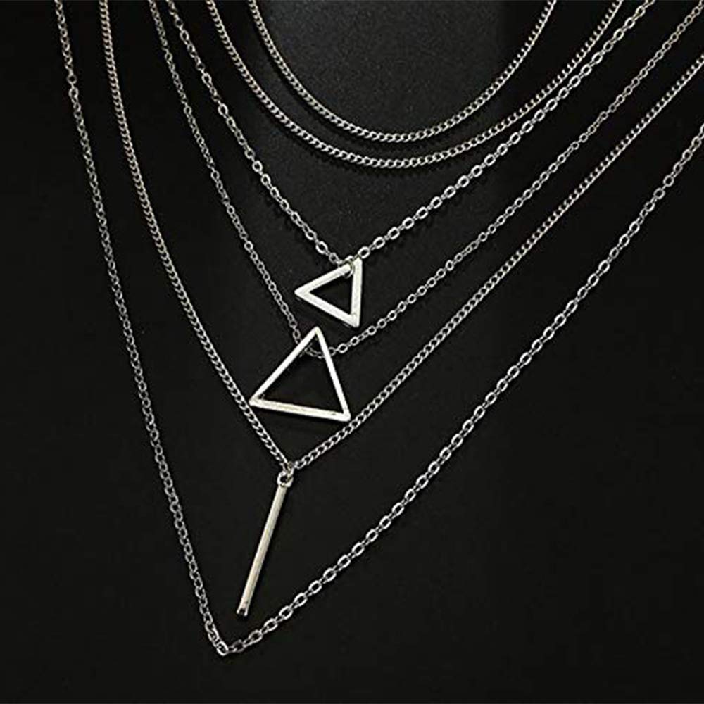 Anglacesmade Bohemia Layered Choker Necklace Silver Triangle Necklace Bar Necklace Geometric Necklace Bohemian Jewelry for Women and Girls