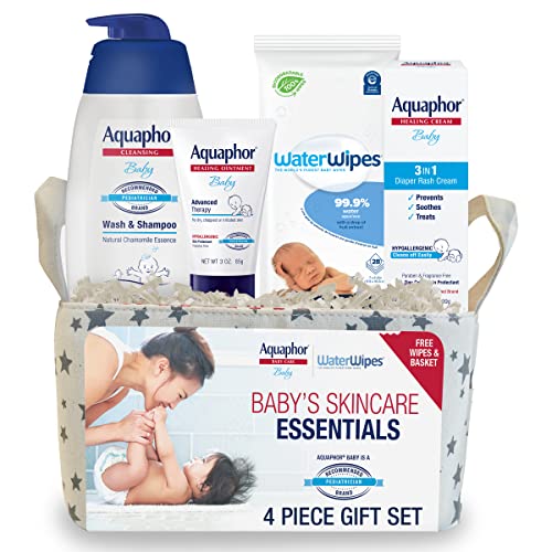 Aquaphor Baby Skin Care Gift Set with Aquaphor Baby Wash and Shampoo, Aquaphor Baby Healing Ointment, Aquaphor Diaper Rash Cream, and WaterWipes, 4 Pieces