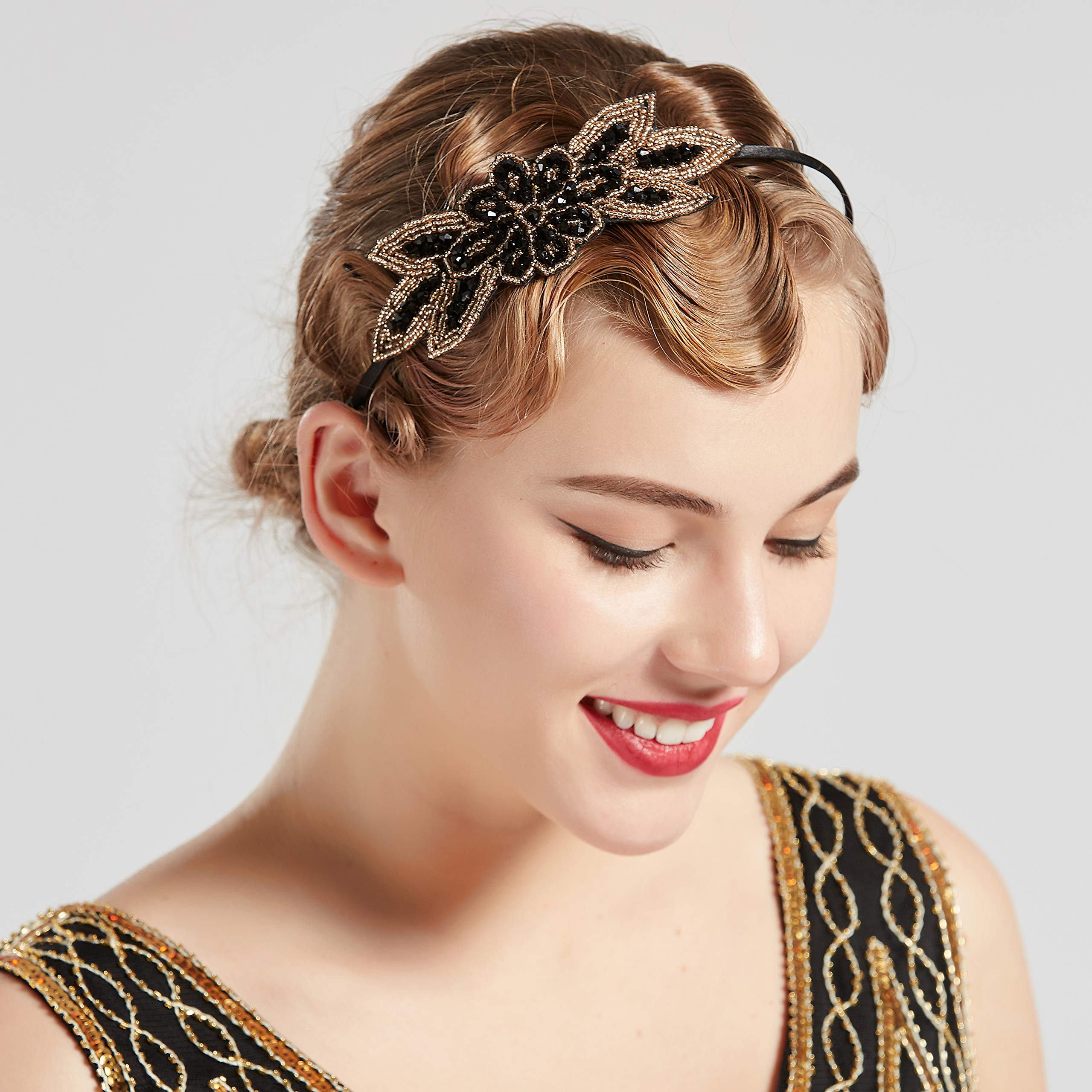 BABEYOND Flapper Headband 1920s Headpiece - Art Deco Headpiece Rhinestone Hair Accessories for Women (Style3-Black Gold)