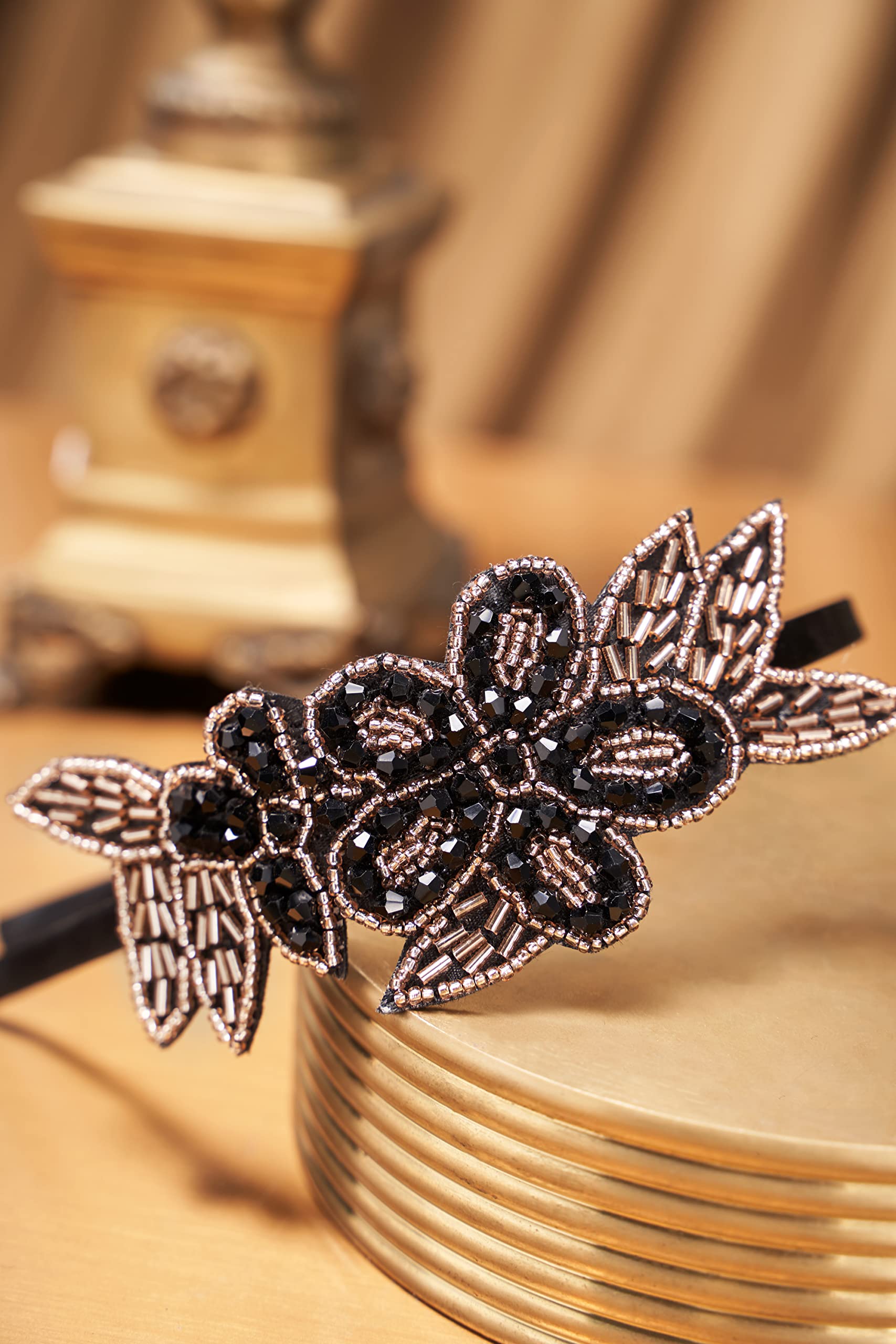 BABEYOND Flapper Headband 1920s Headpiece - Art Deco Headpiece Rhinestone Hair Accessories for Women (Style3-Black Gold)